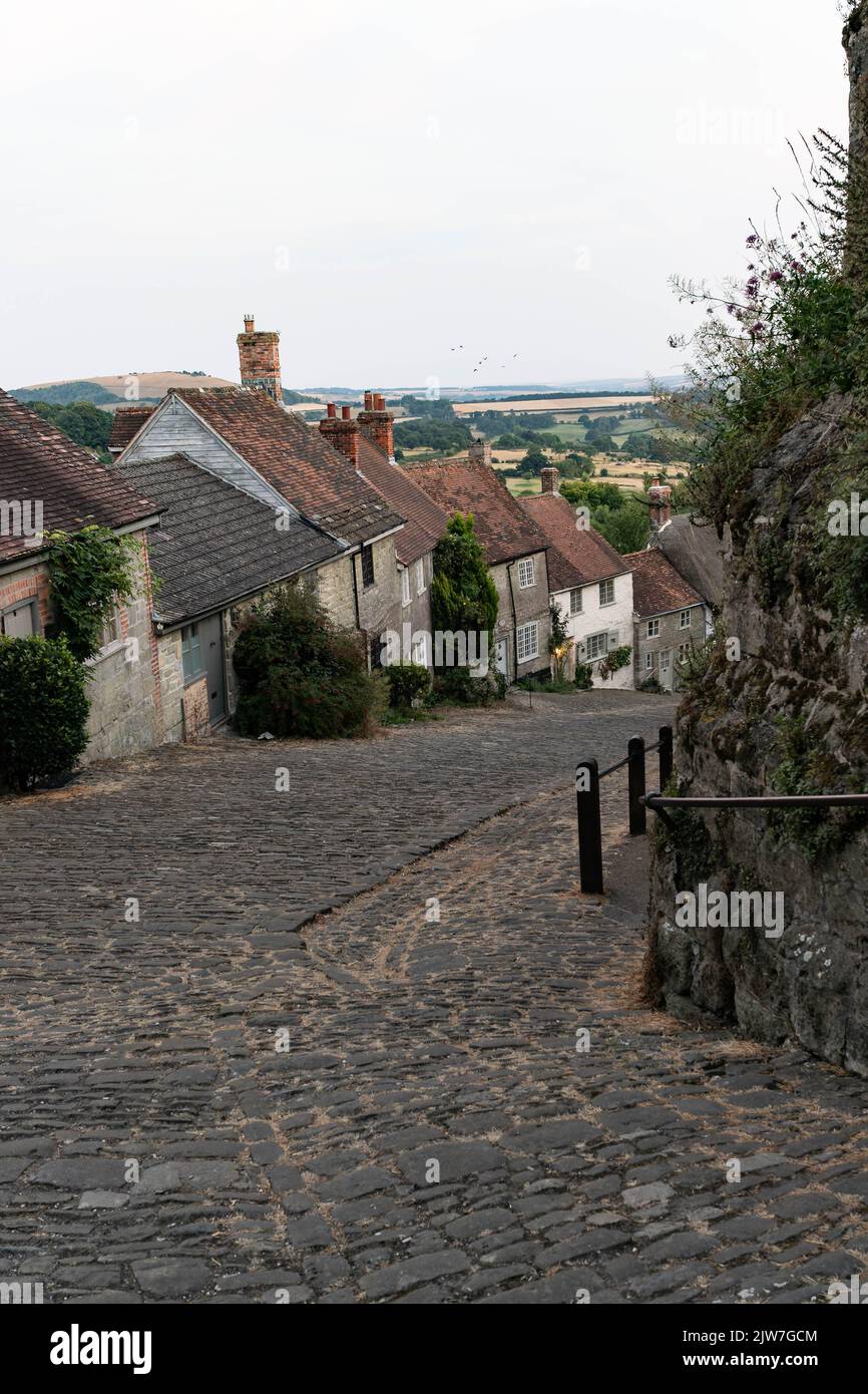 Historic cobbled street with traditional cottages in picturesque Dorset ...