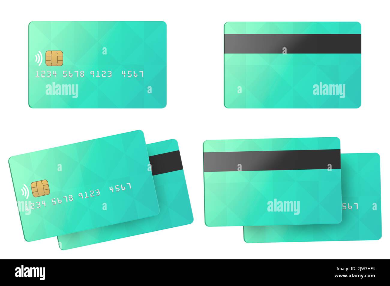 Realistic credit cards template isolated. Four poses of light green ...
