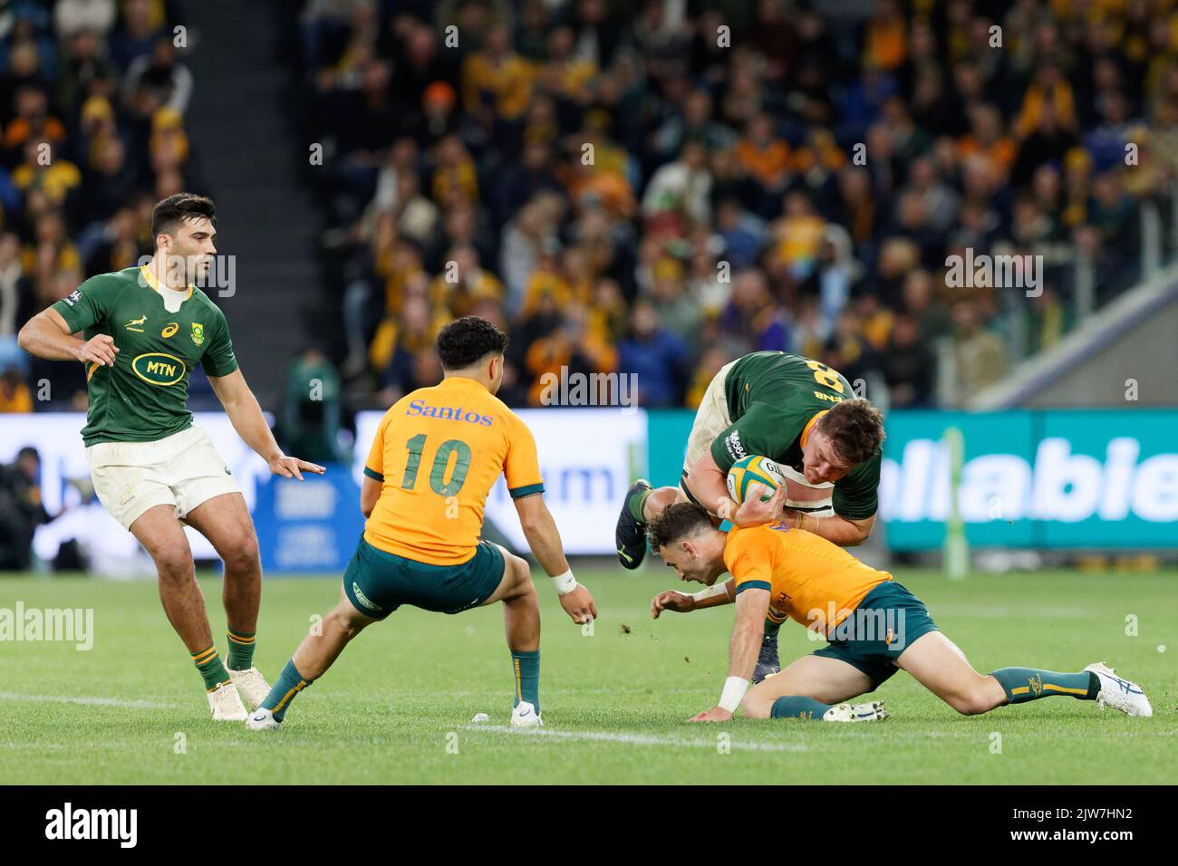 SYDNEY, AUSTRALIA - SEPTEMBER 3: Jasper Wise of South Africa tackled by ...