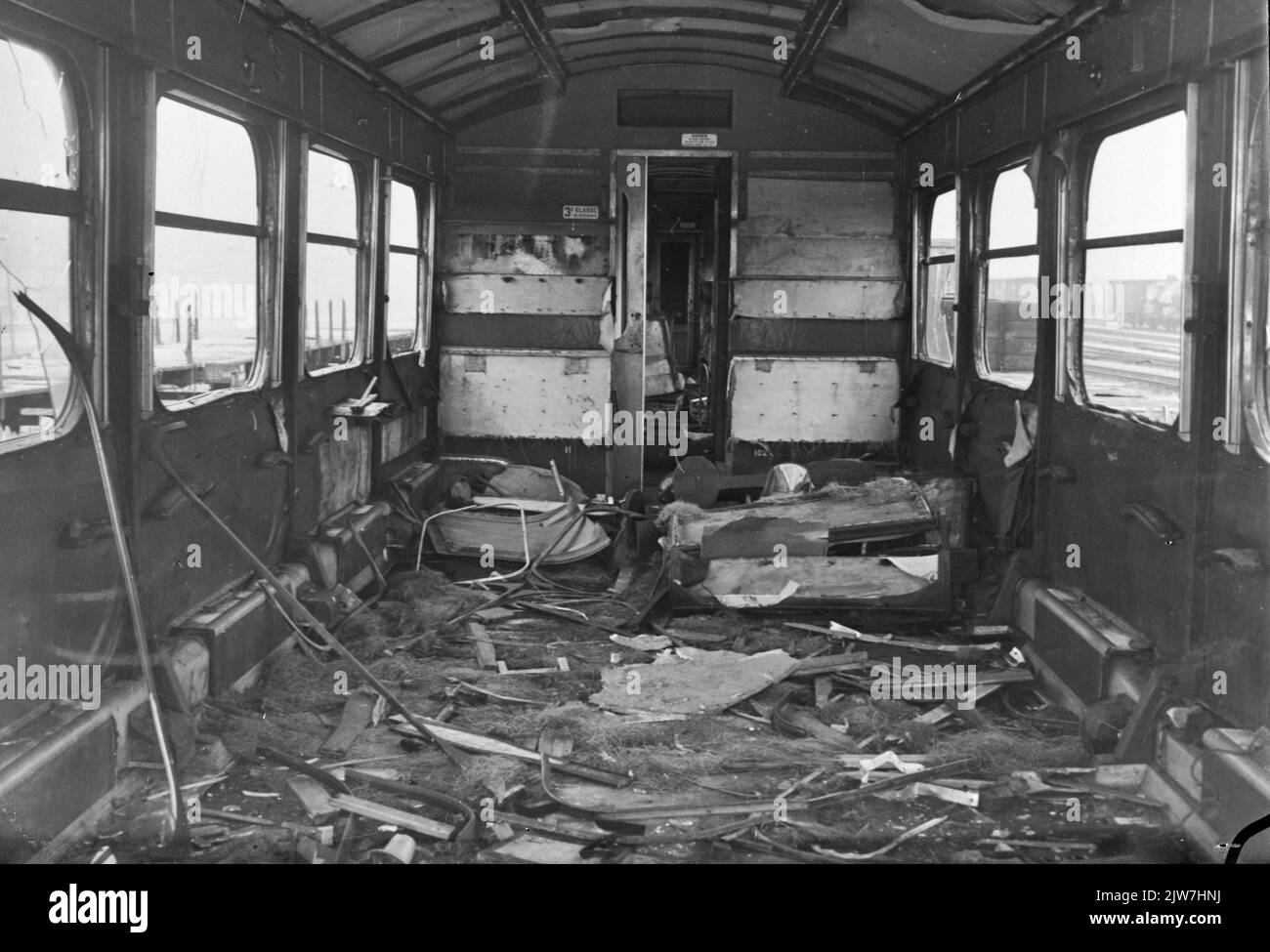 Interior of a train set destroyed by war actions. 1940 (or the 5) of ...