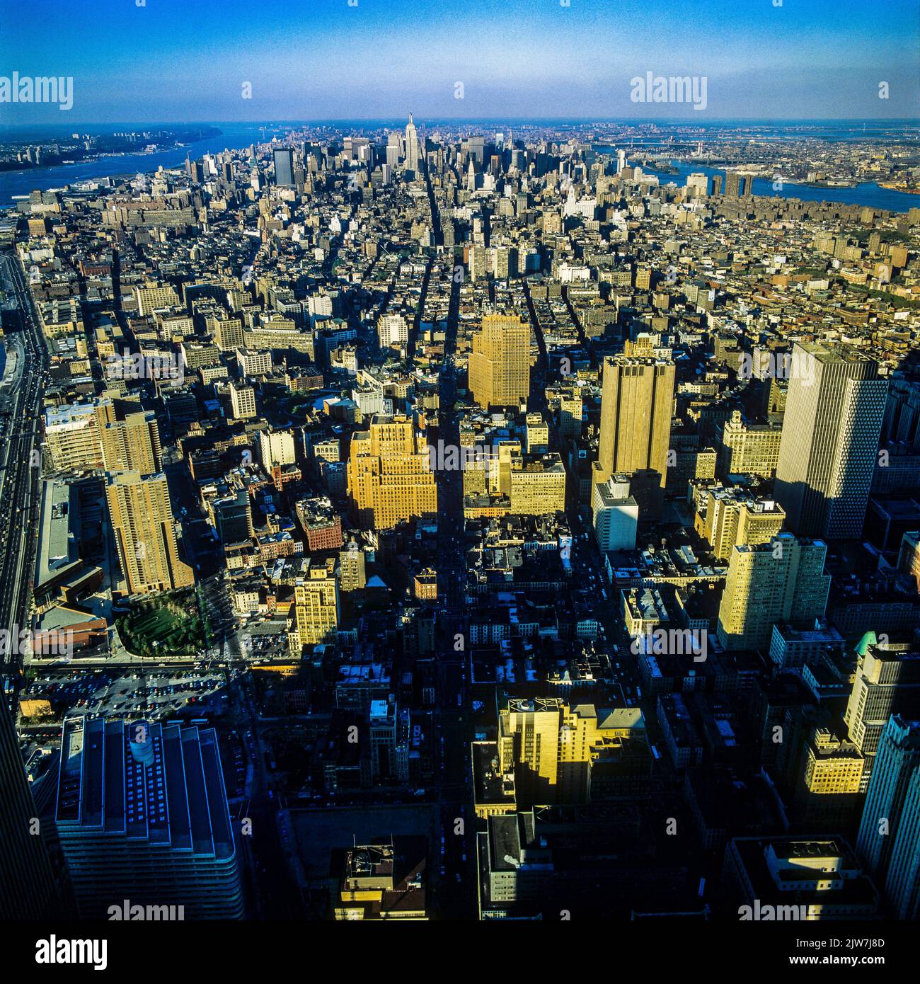 New York, 1980s, lower Manhattan overview from WTC World Trade Center ...