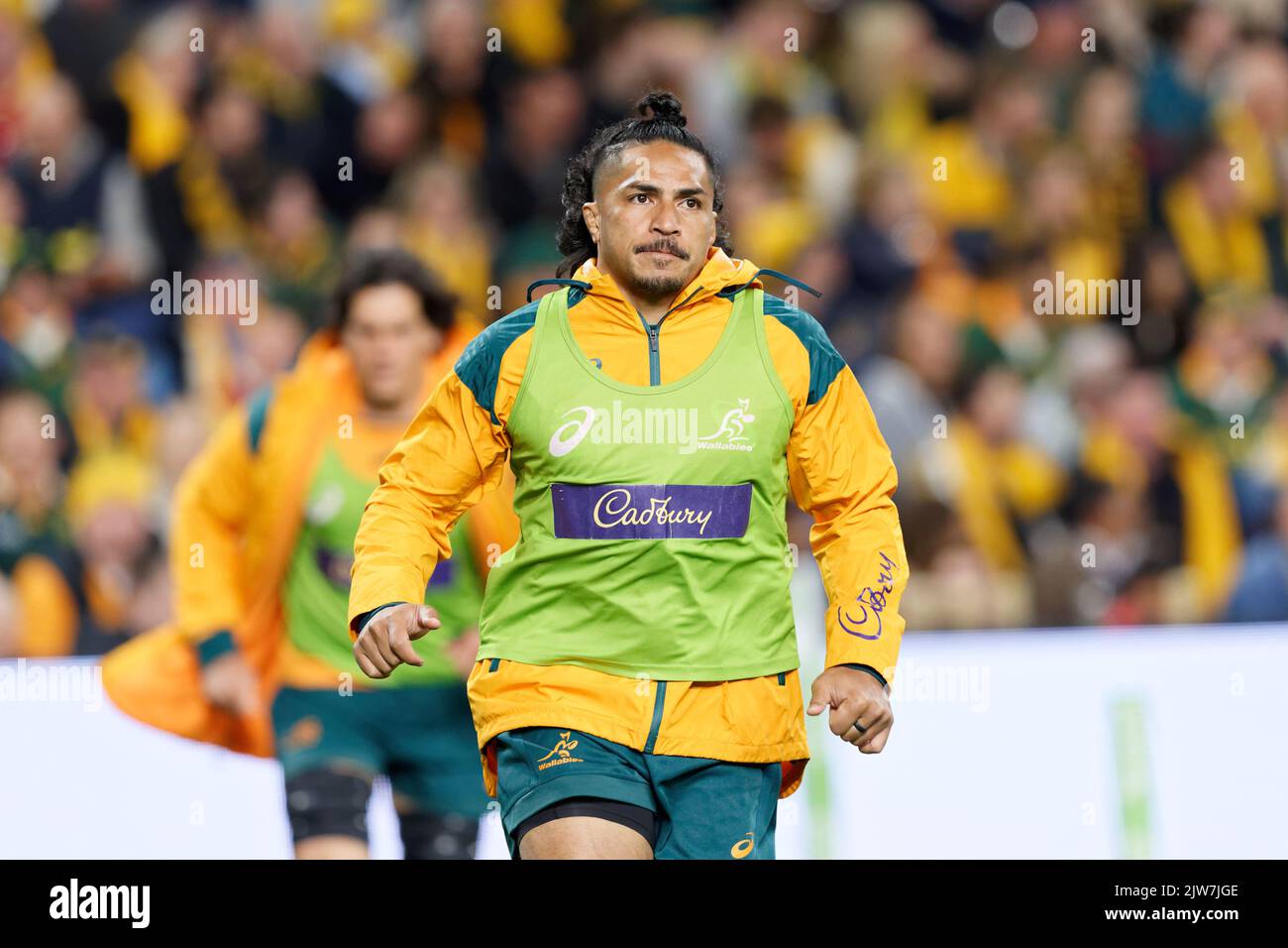 SYDNEY, AUSTRALIA - SEPTEMBER 3: Pete Samu of Australia warms up during ...