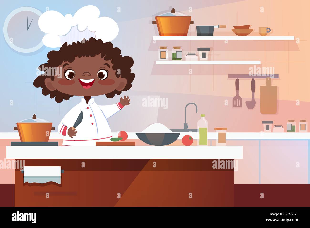 Cartoon cute little guy chef cooking meal on kitchen. Smiling cook boy ...
