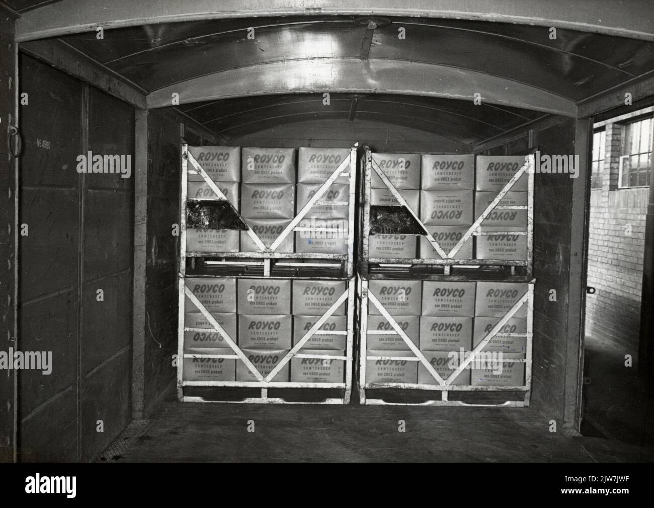 Image of a closed freight wagon loaded with packs of pea soup in the ...