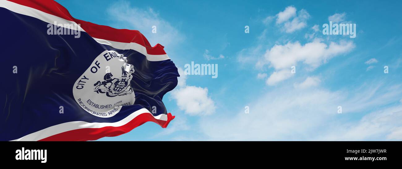 official flag of Erie, Pennsylvania untied states of America at cloudy ...