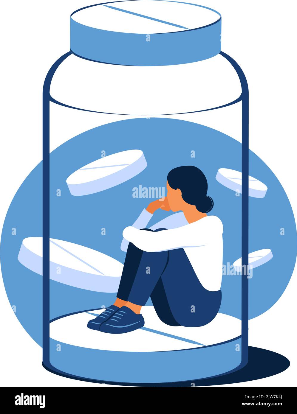 Concept of antidepressants. Depressed woman is sitting trapped in a ...
