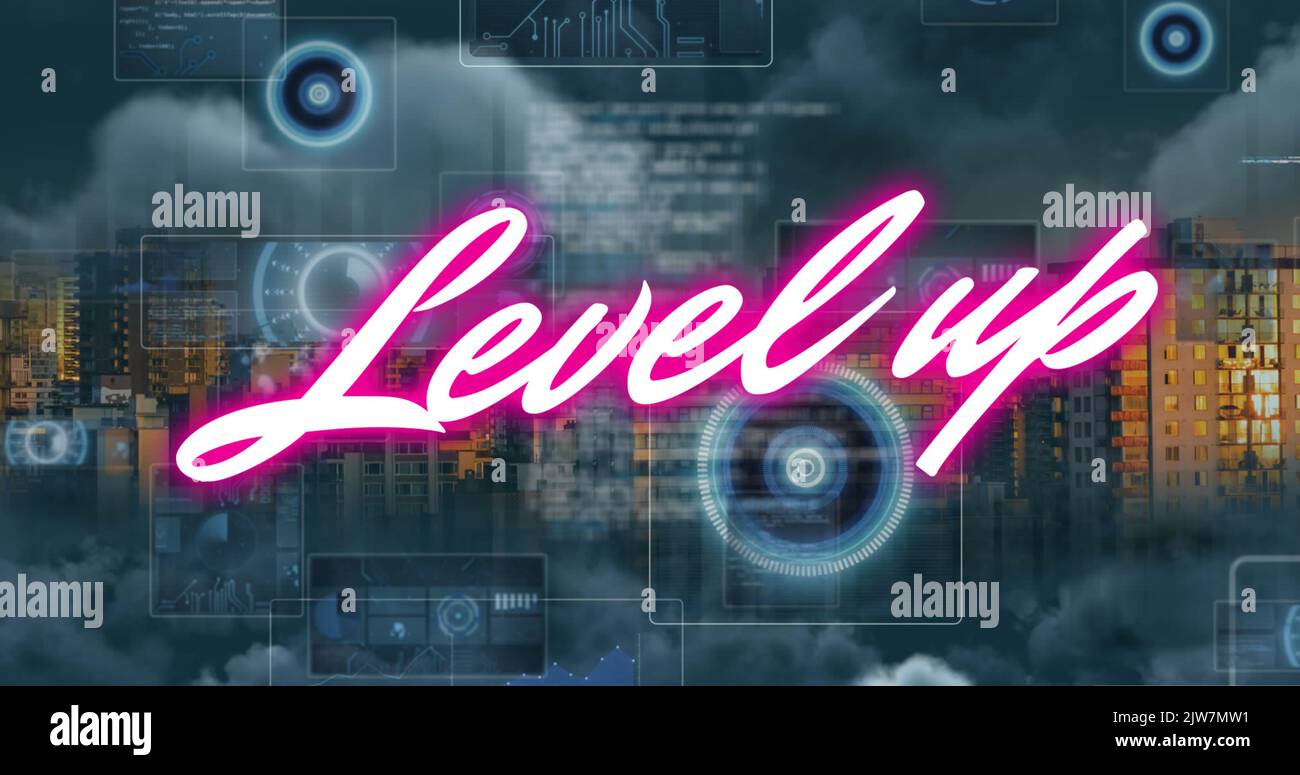 Image of level up text and data processing over cityscape Stock Photo ...