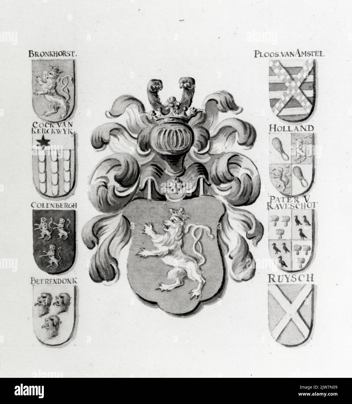 Image of the Bronkhorst family crest with four quarters on either side ...