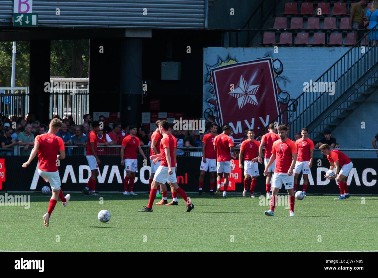 MAASTRICHT, NETHERLANDS - SEPTEMBER 4: Warming up MVV players during ...