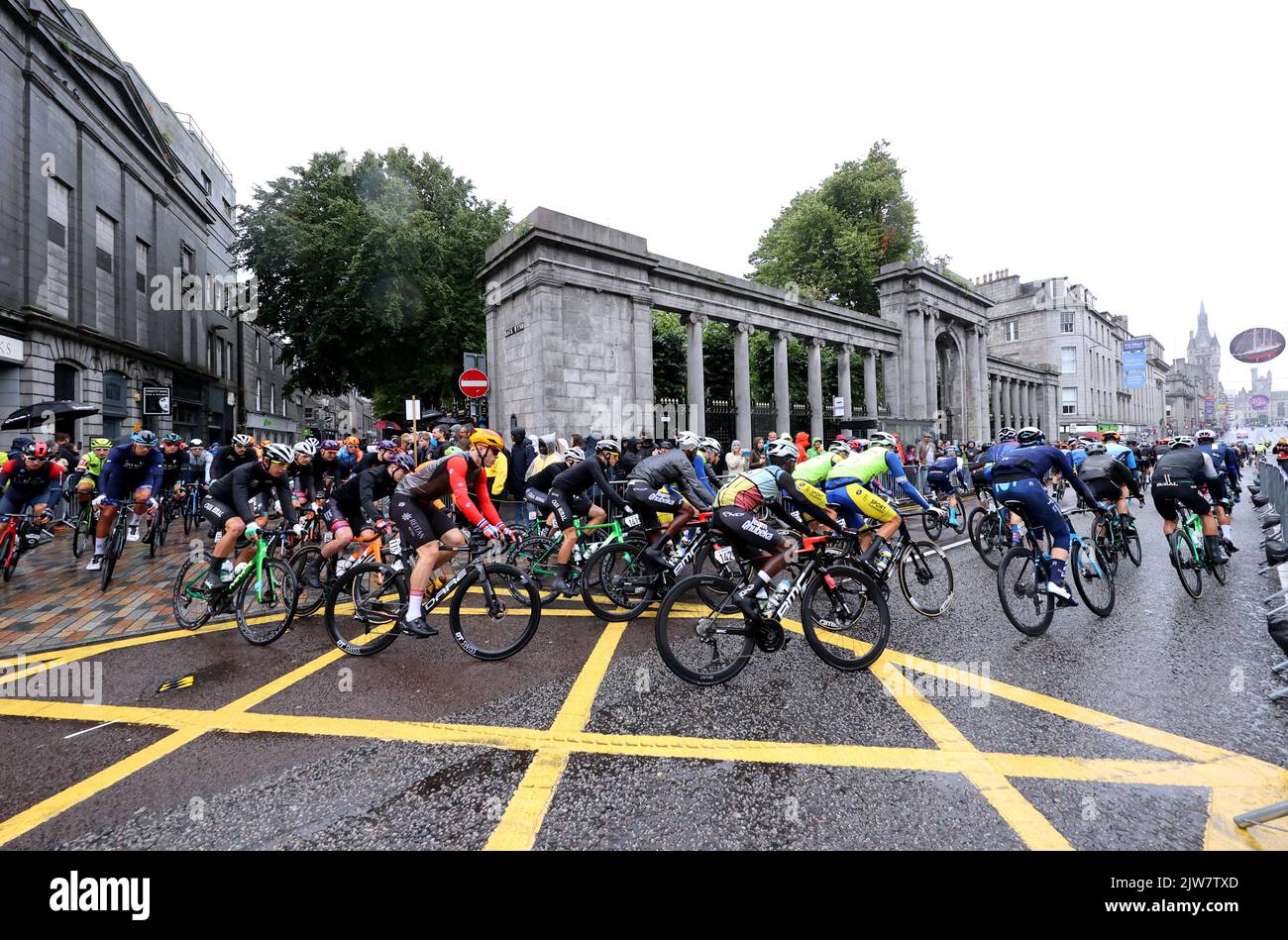 The peloton in action during stage one of the AJ Bell Tour of Britain ...