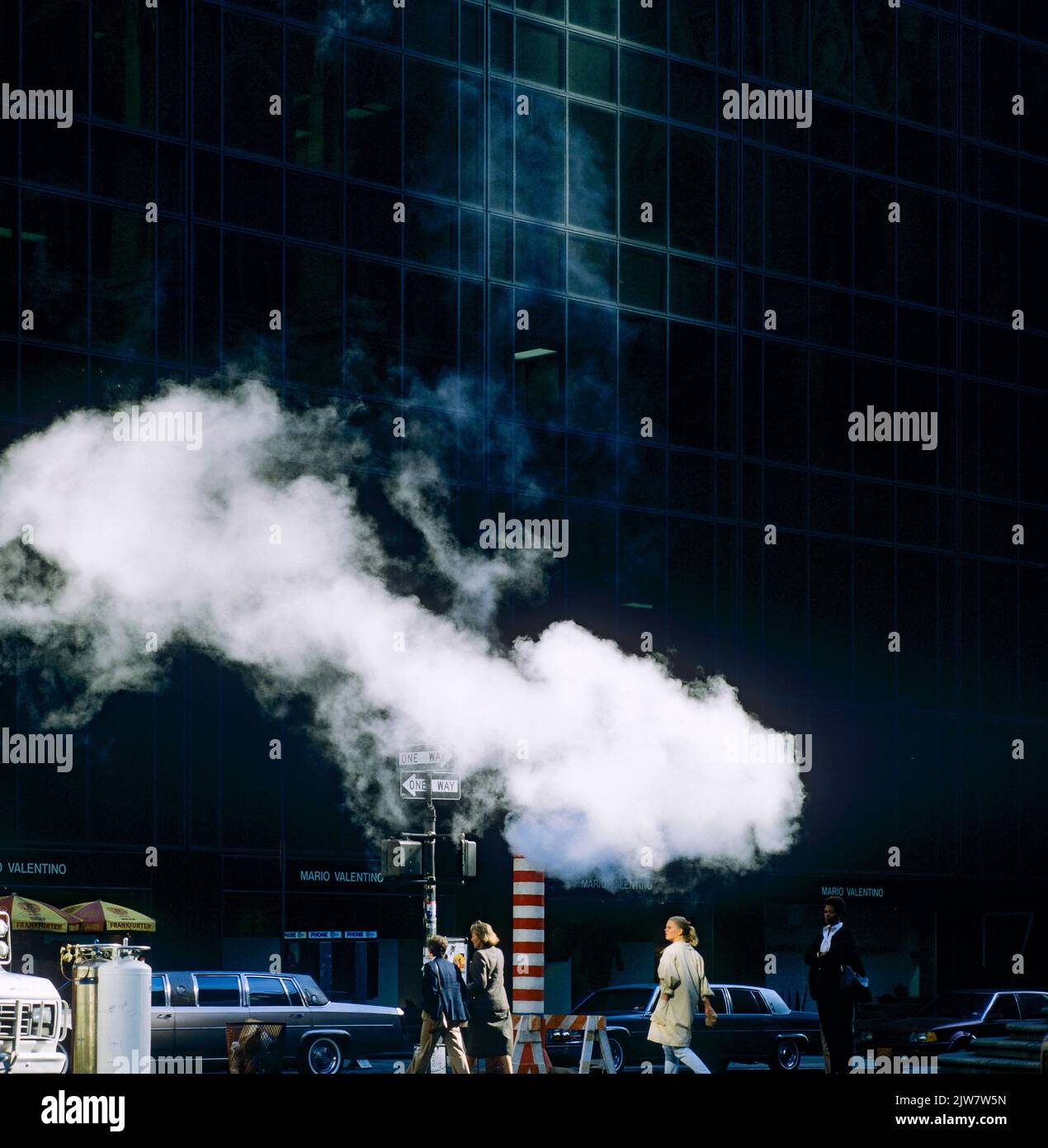 New York, 1980s, Steam vapour being vented through a typical Con Edison ...