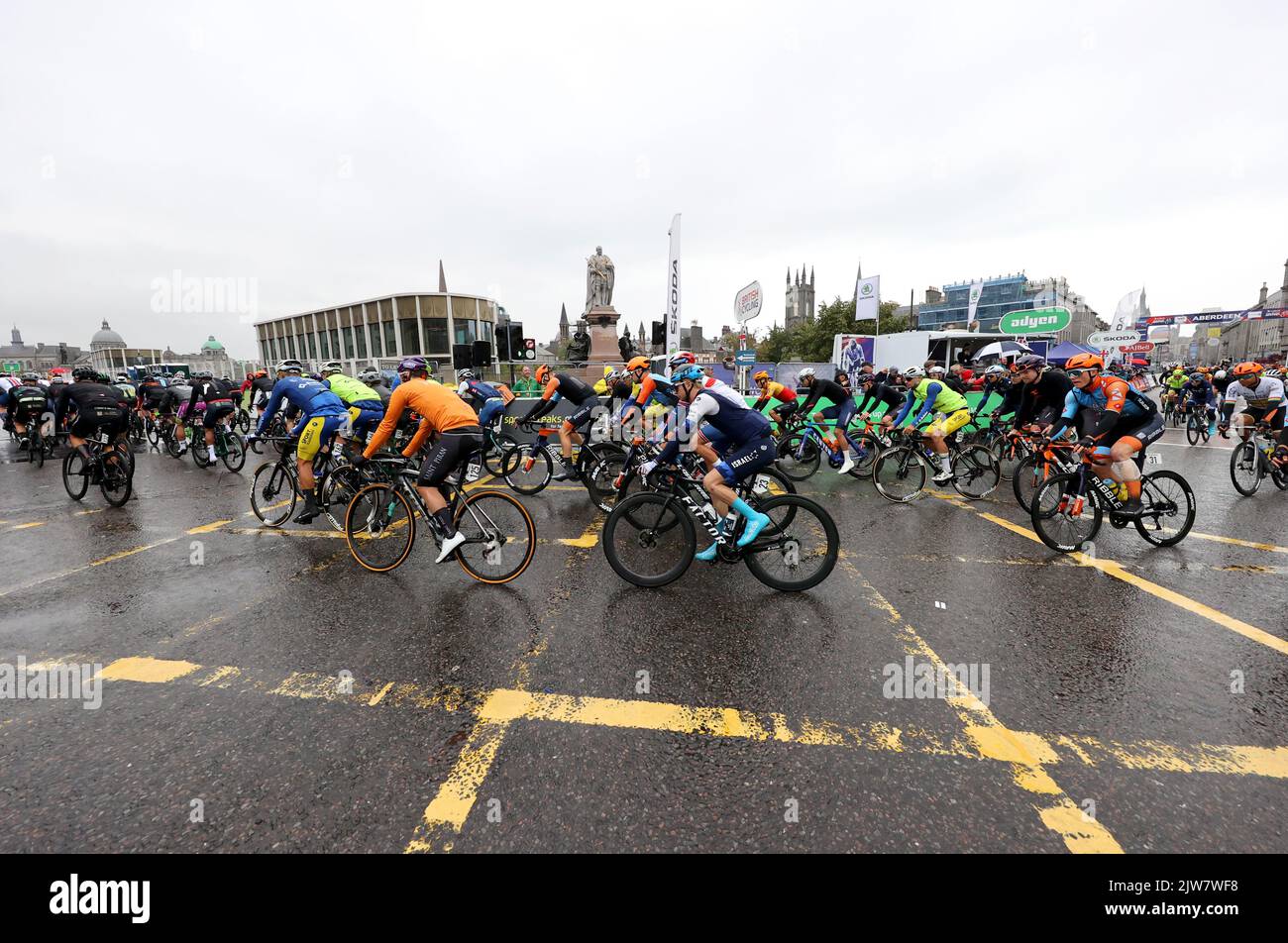 The peloton in action during stage one of the AJ Bell Tour of Britain ...