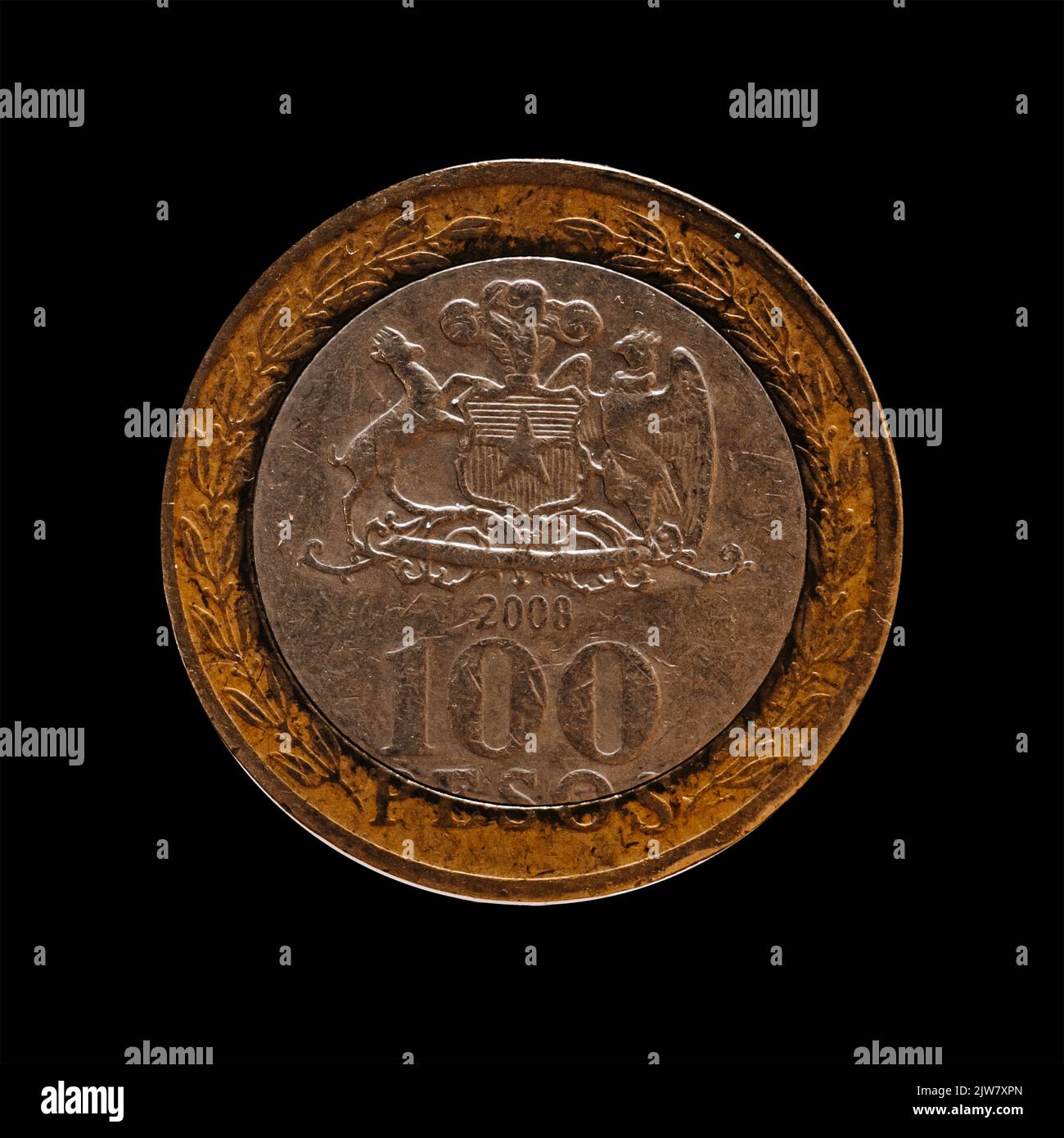 An old coin, 100 pesos, over a black background Stock Photo - Alamy