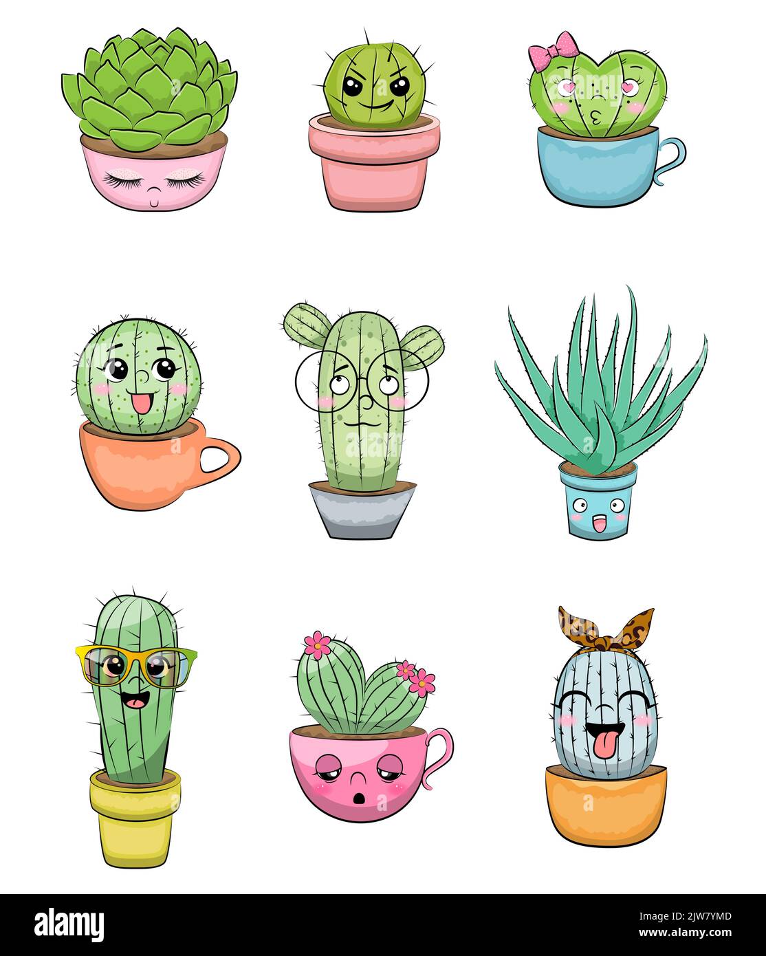 Cute cartoon cacti collection, set illustration. Home plants. Vector ...