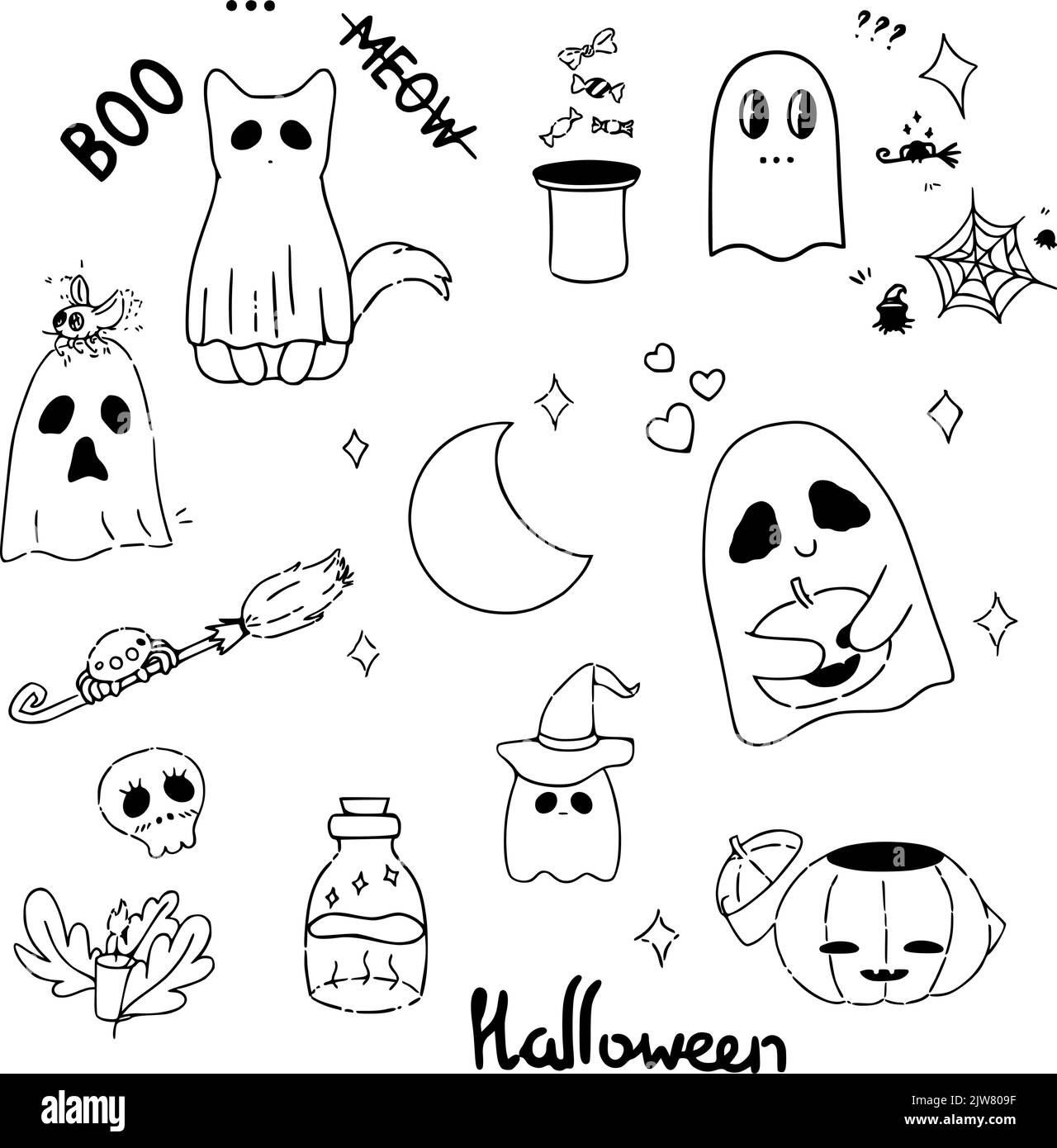 Halloween set outline illustrations. Scary attributes in cute style ...