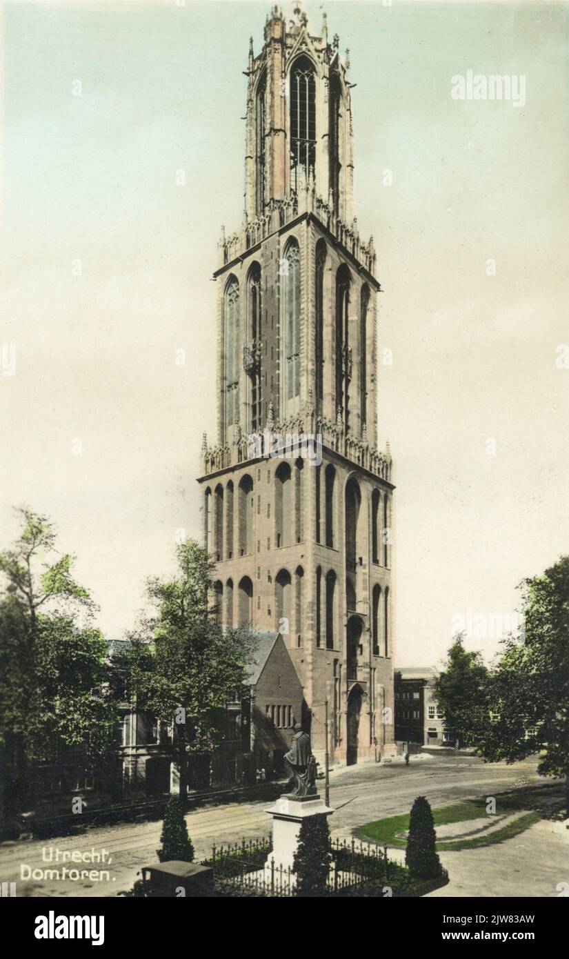 View of the Dom tower (Domplein) in Utrecht with the statue Jan van ...