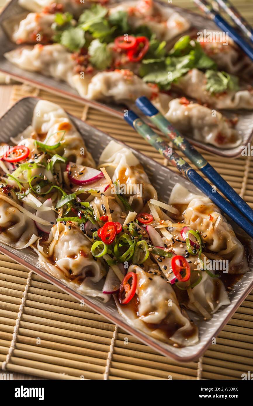 Japanese dumplings Gyoza stuffed chicken meat or vegetable with chili ...