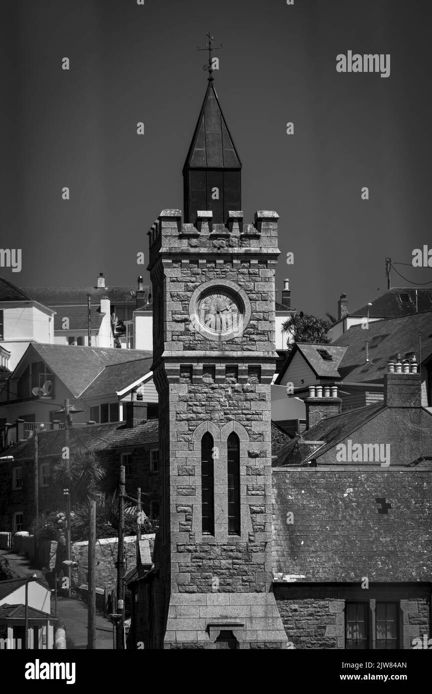 Porthleven cornwall storm at the clock tower Black and White Stock ...