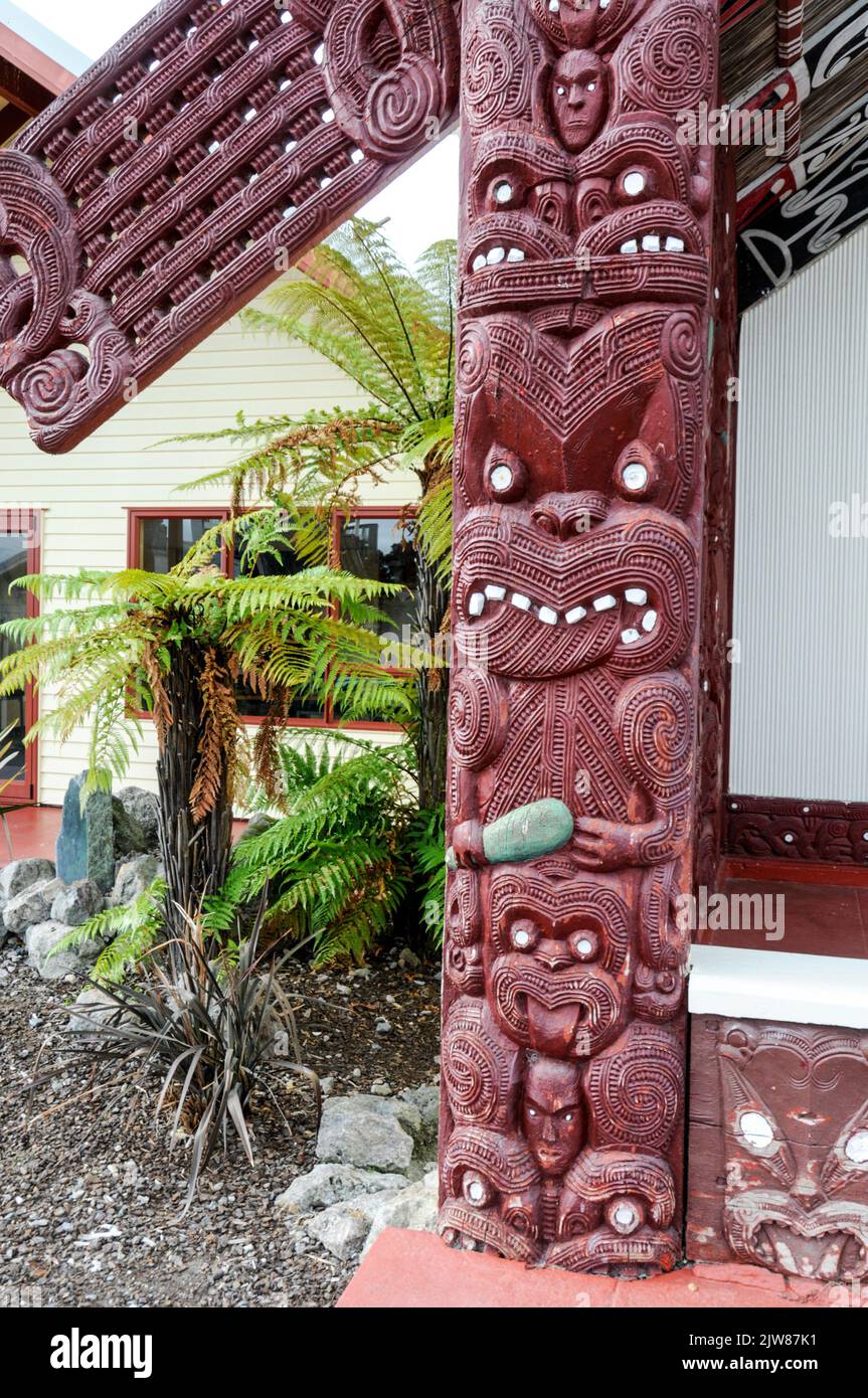 Wood carvings of Maori Gods at the Wharenui (Maori Meeting house) is at ...