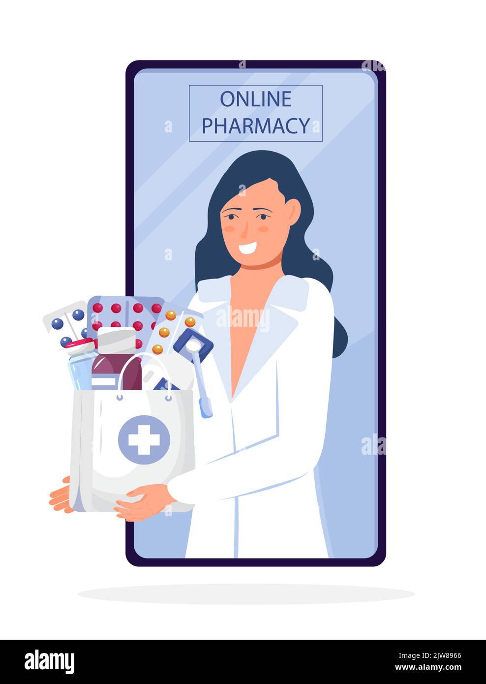 Online pharmacy store concept vector. Pharmacist holding medications ...