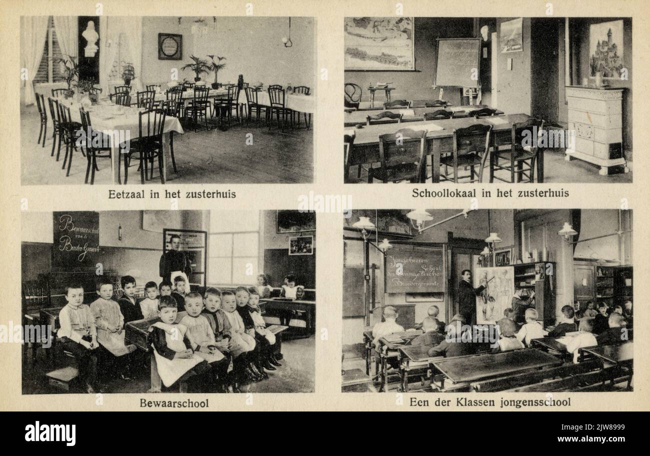 Collage of interiors of the building complex of the Evangelical Brother ...