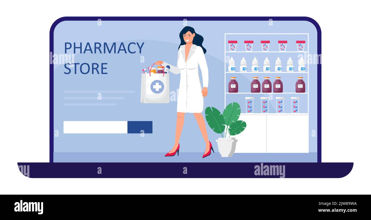 Online pharmacy store concept vector. Pharmacist holding medications ...
