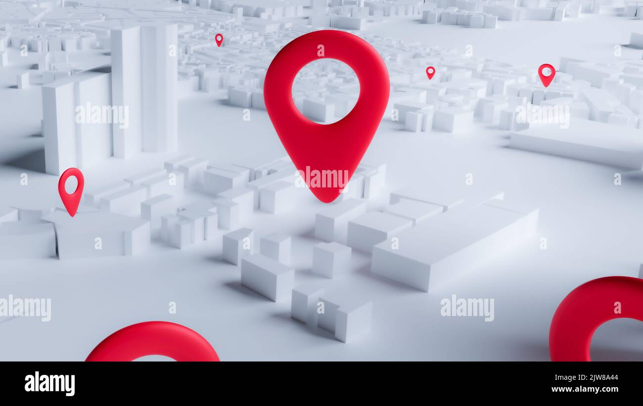Red pin location on the white layout of a modern city. Locator mark ...