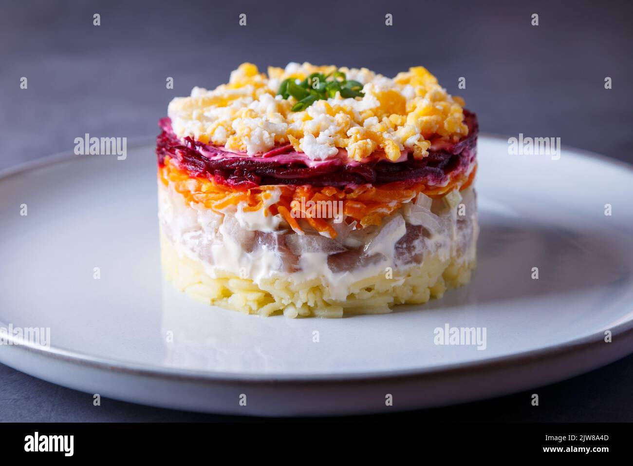 Herring salad under a fur coat. Traditional Russian multilayered salad ...