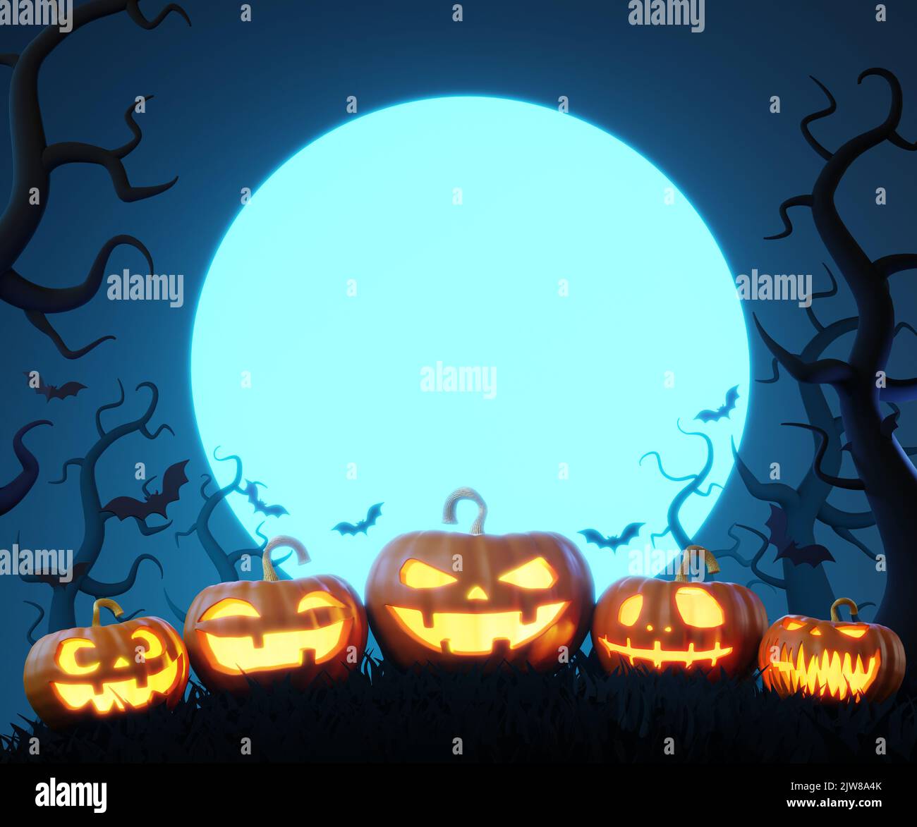Halloween pumpkins under the moonlight. 3d illustration Stock Photo - Alamy