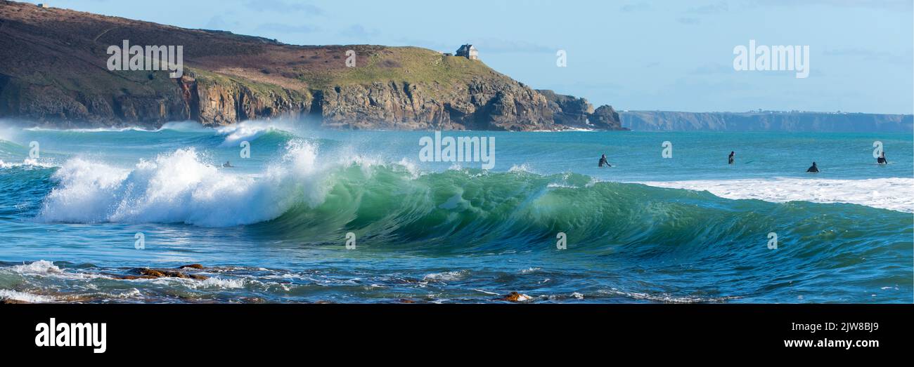 Standing on the beach at Praa Sands Cornwall watching the surfers ...