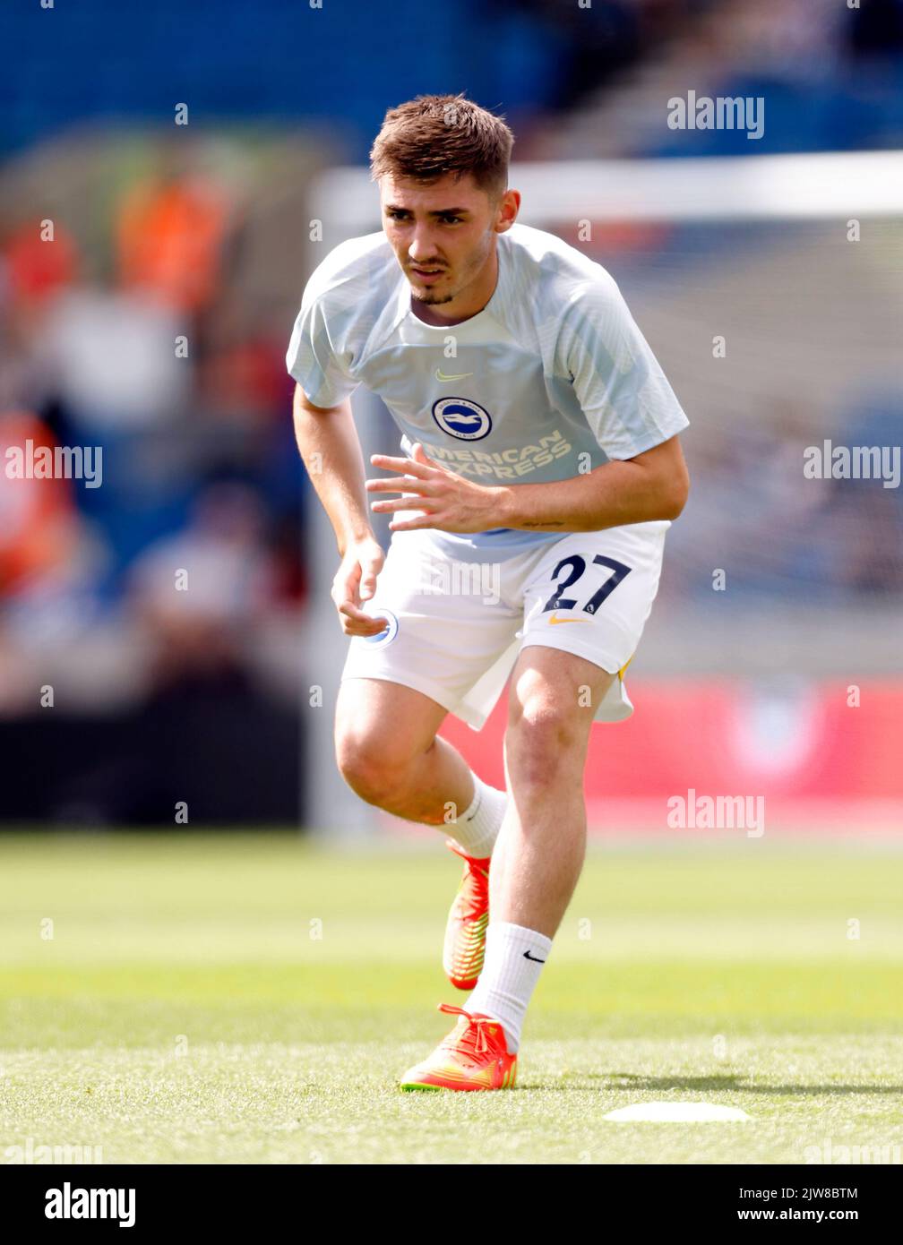 Brighton and Hove Albion's Billy Gilmour warms up on the pitch before ...