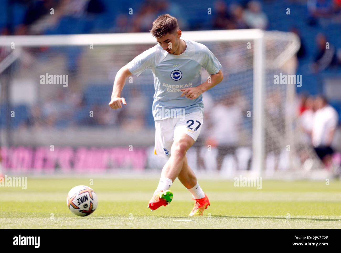 Brighton and Hove Albion's Billy Gilmour warms up on the pitch before ...