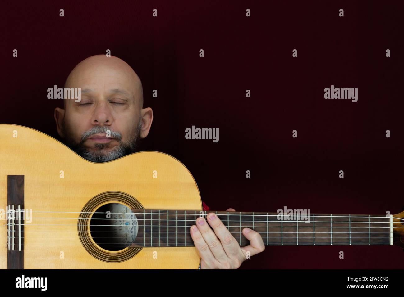 String musical instrument. Mature charismatic male guitarist. guy with ...