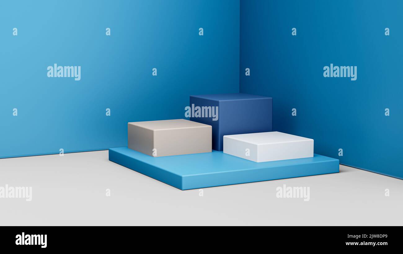 A 3D rendered blue and white corner with mockup pedestal podium Stock ...