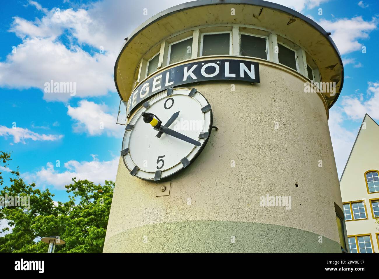 Close up of tower with indicator showing low water level of rhine river ...