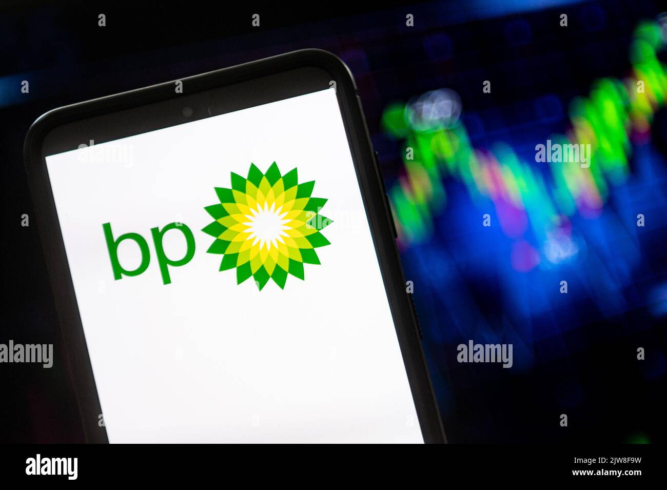In this photo illustration a British Petroleum BP logo seen displayed ...