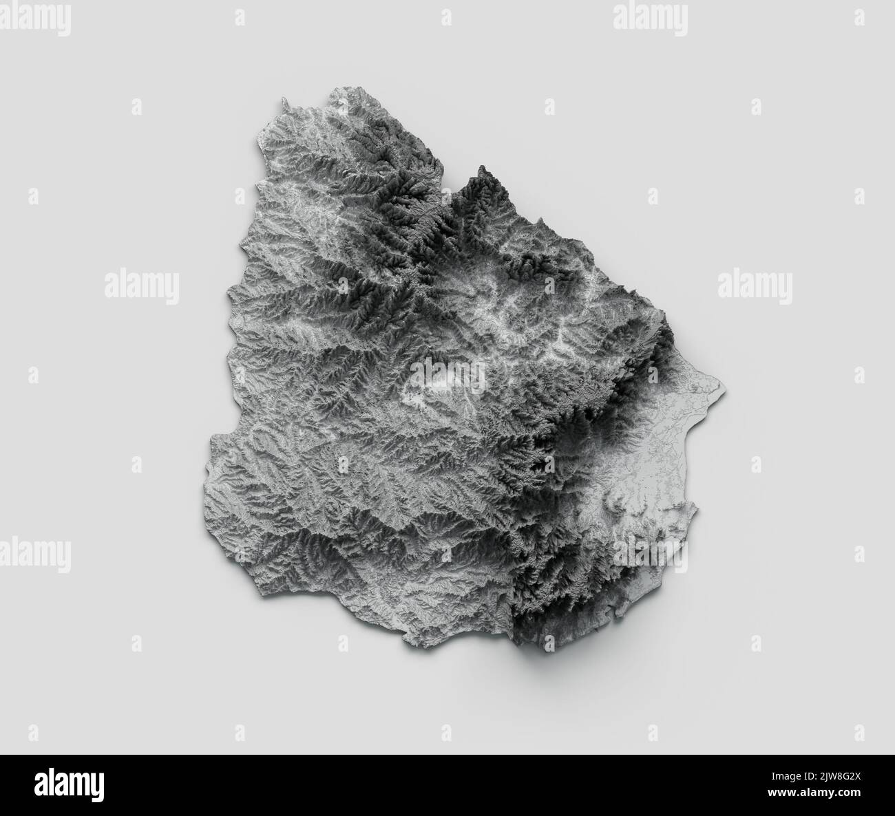 A grayscale 3D rendered map of Uruguay shaded with relief depending on ...