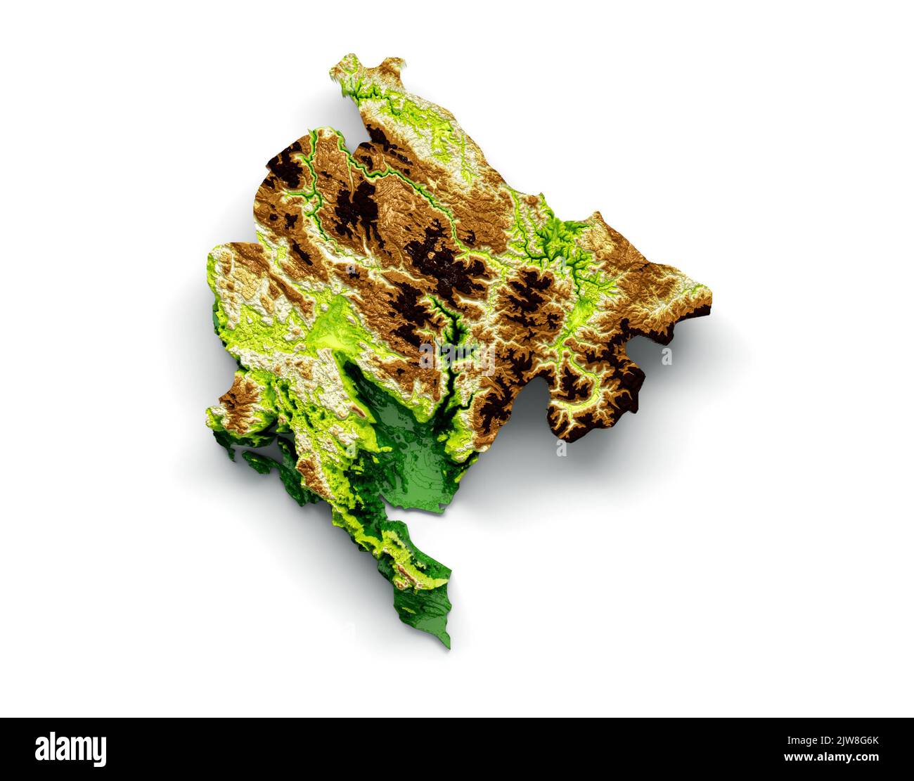 A 3D rendered map of Montenegro with shaded relief colors depending on ...