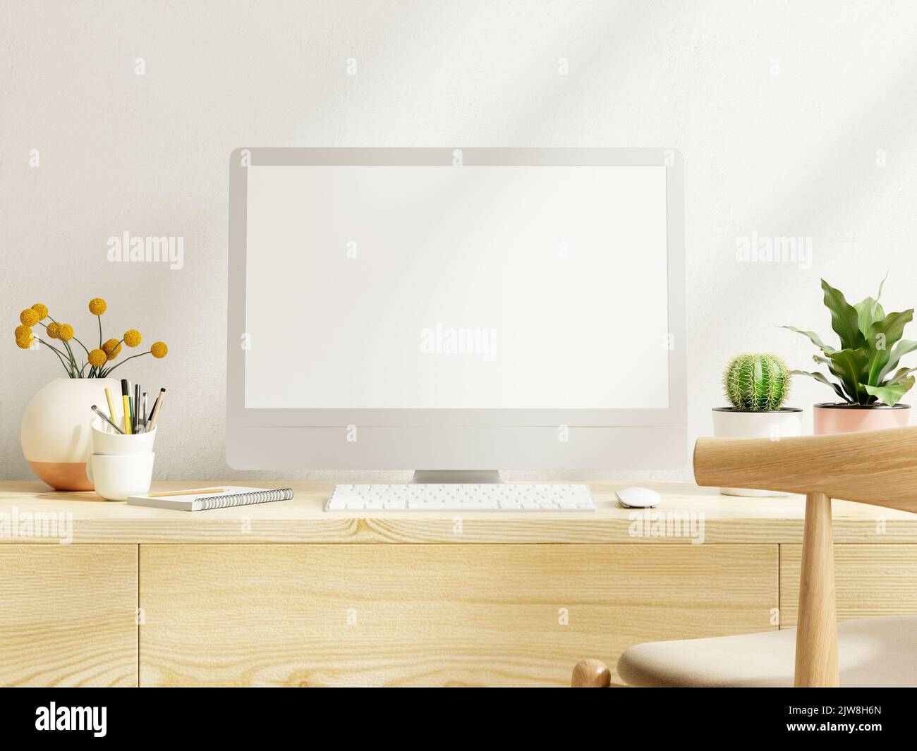 White office room with desktop computer on rack at white wall ...