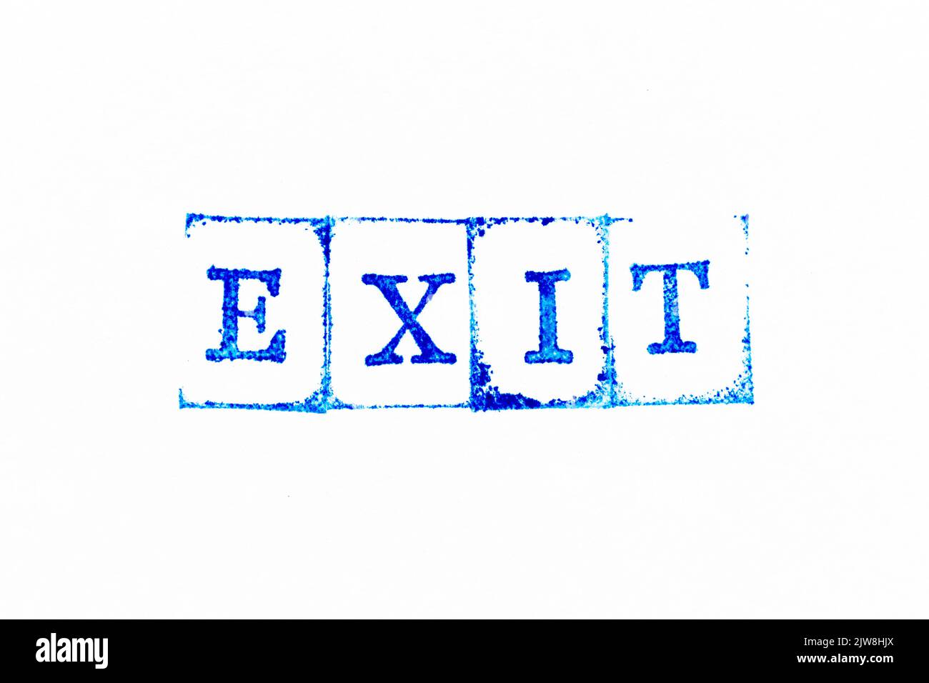 Blue color ink rubber stamp in word exit on white paper background ...