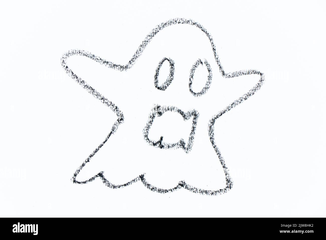 Black color oil pastel hand drawing in flying ghost shape on white ...