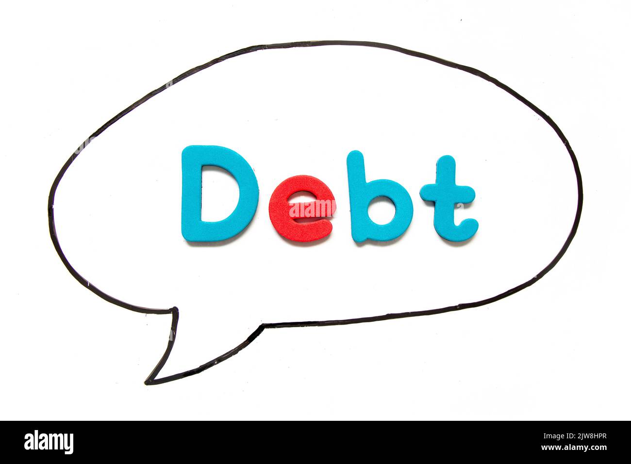 Alphabet letter with word debt in black line hand drawing as bubble ...