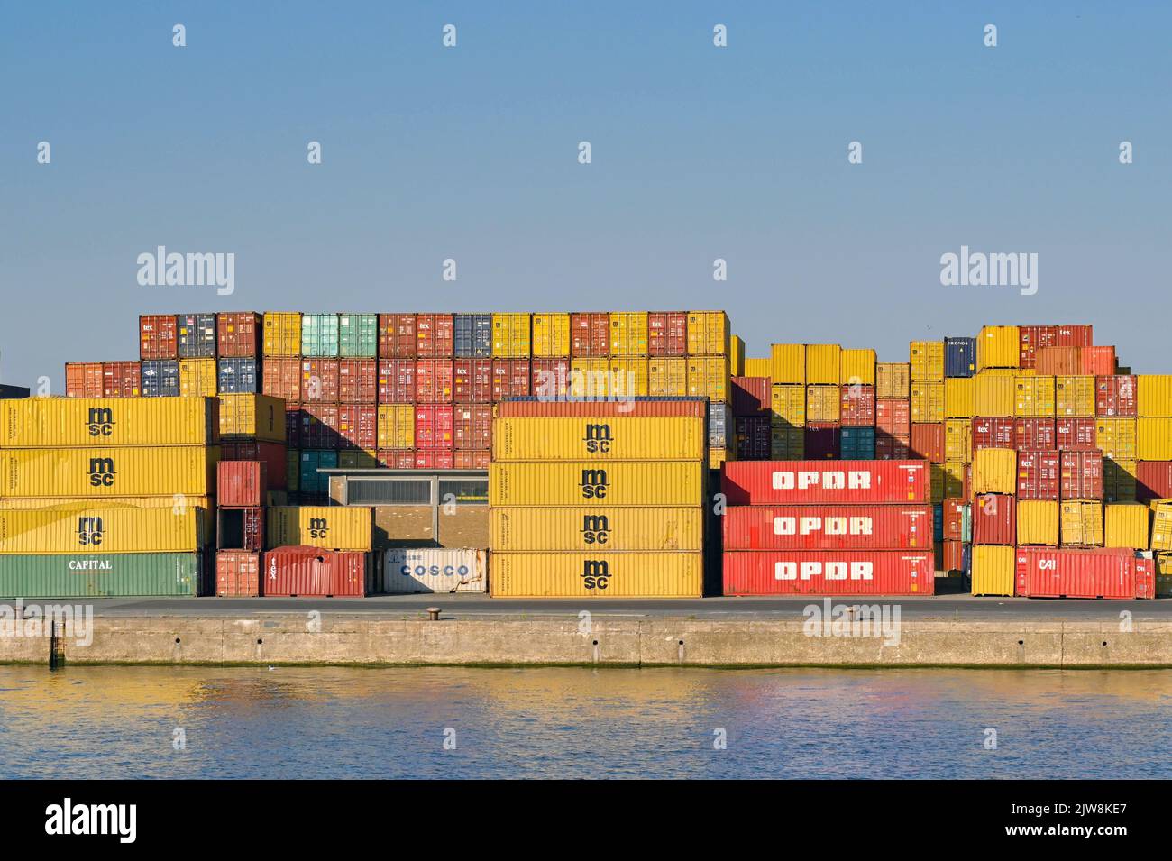 Antwerp, Belgium - August 2022: Shipping containers stacked on the ...