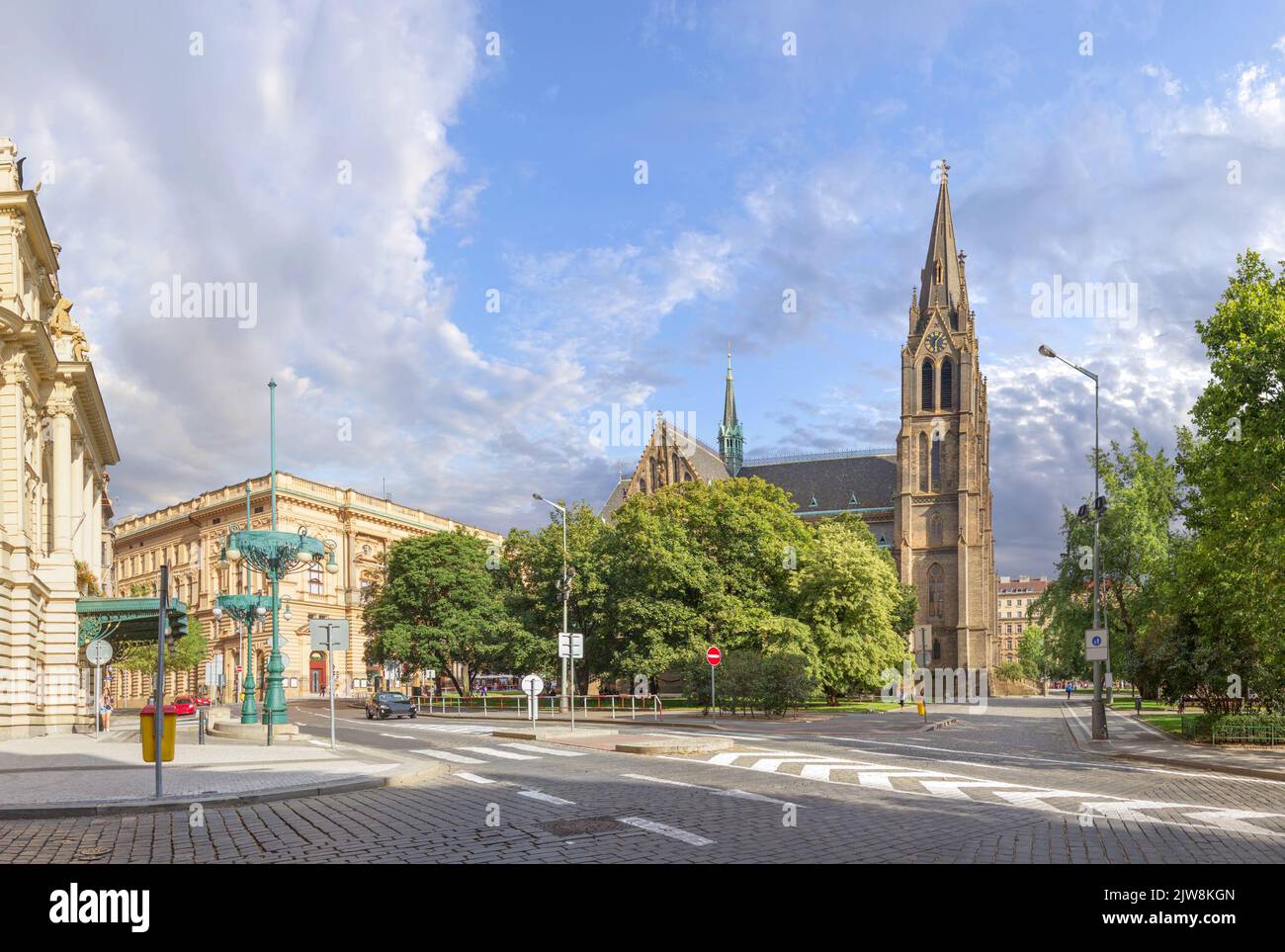 Peace Square (or Namesti Miru) and Saint Ludmila Church. Prague, Czech ...