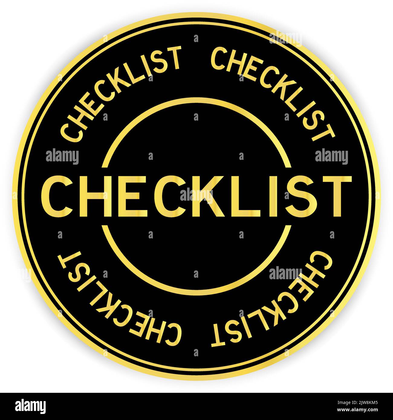 Black and gold color round label sticker with word checklist on white ...