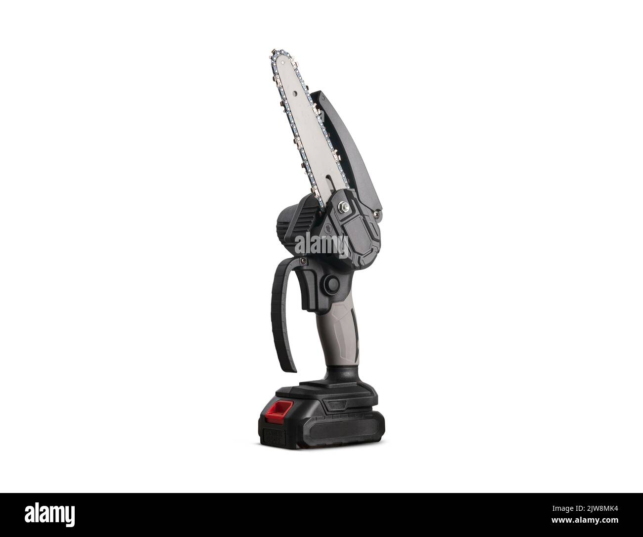Light chain saw with battery isolated on white background, electric ...