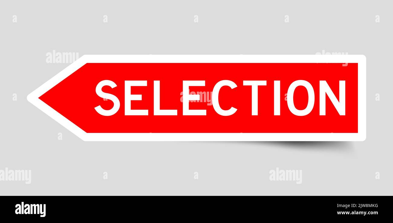 Red color arrow shape sticker label with word selection on gray ...