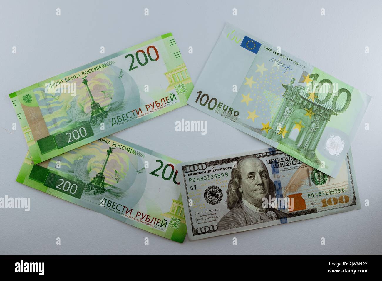 Russian Ruble And 100 US Dollars And Europe Euro Ruble Banknote And
