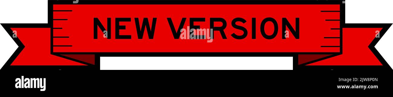 Red color ribbon label banner with word new version on white background ...