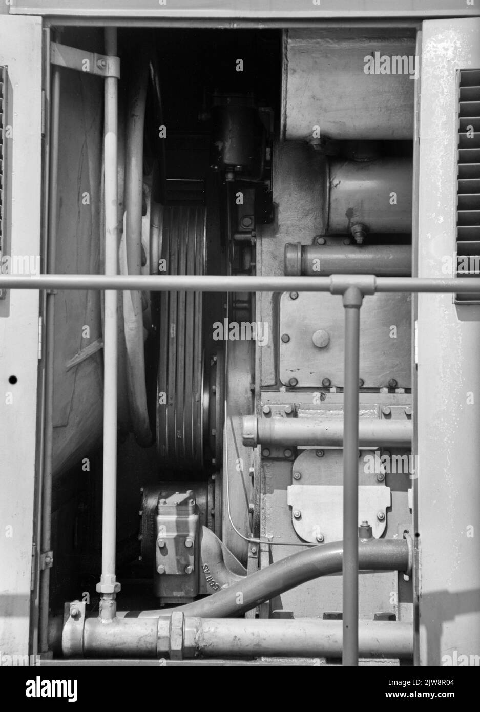Detail of the diesel engine of a diesel-electrical locomotive from the ...